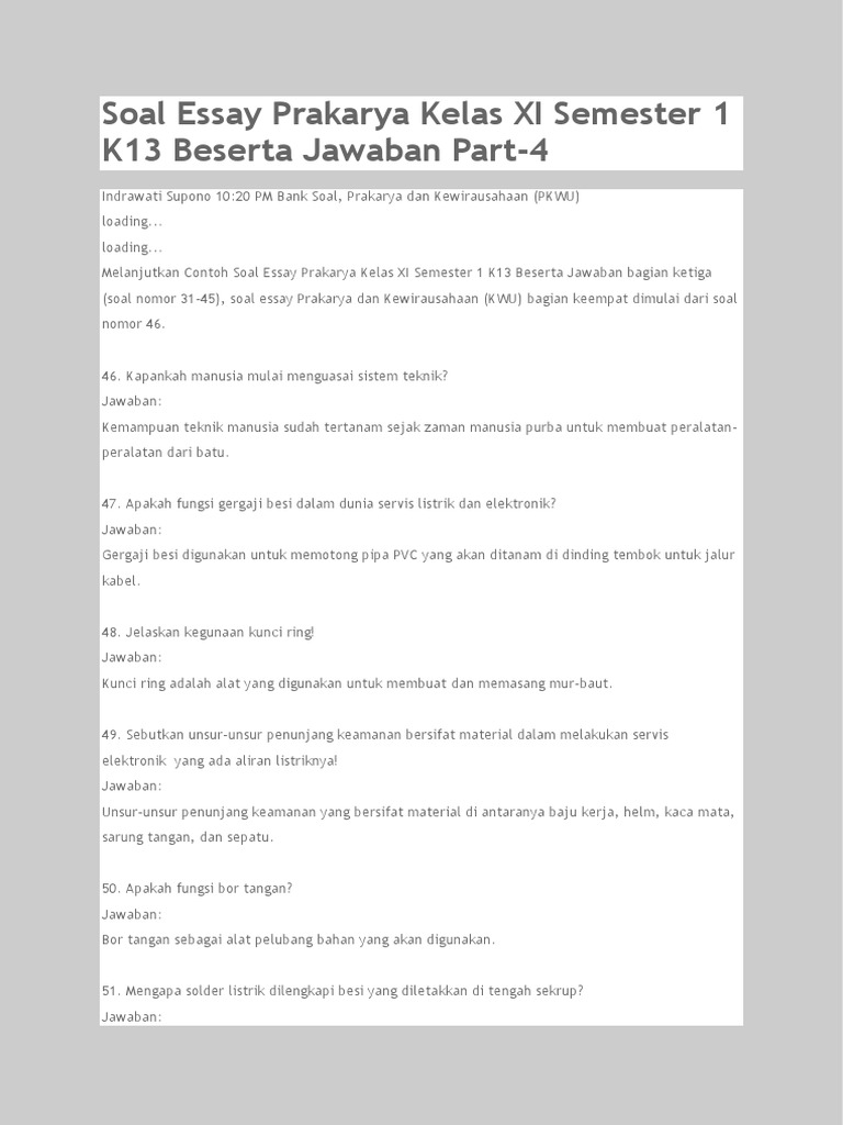Contoh Soal Essay Prakarya Kelas Xi Ke2 | PDF