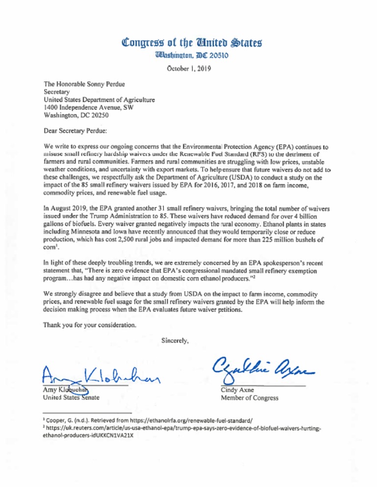 10.03.19 Letter to USDA With Klobuchar