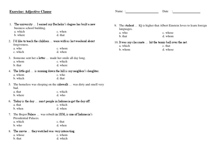 Adjective Clause - Exercise | PDF