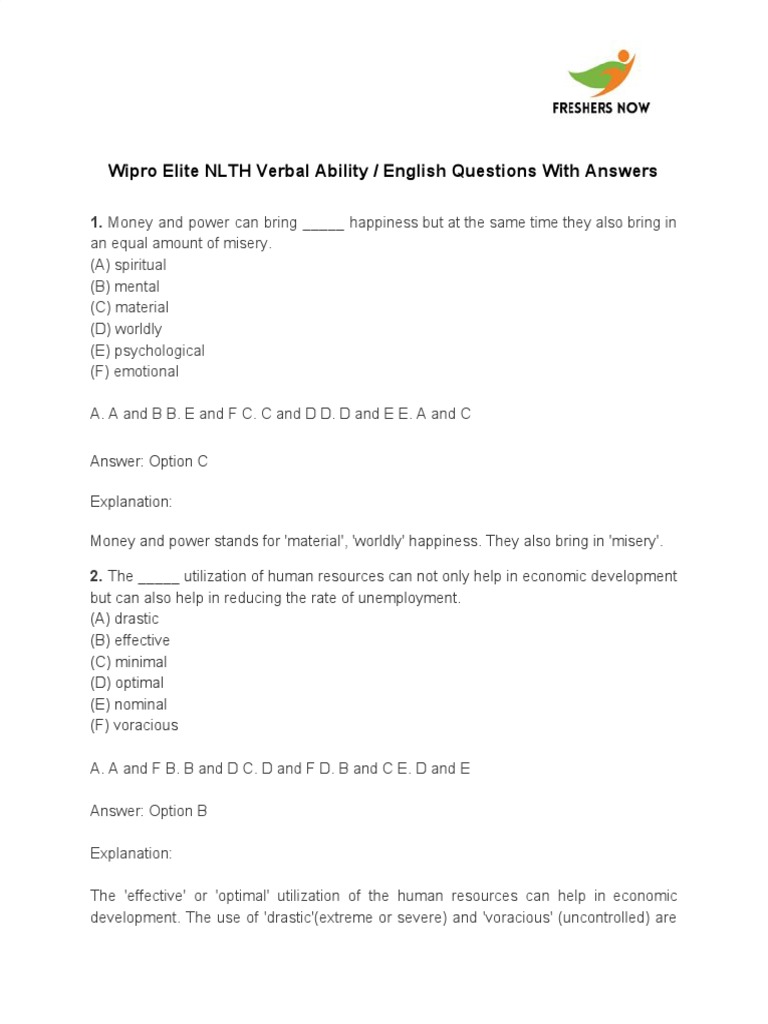 Wipro Elite NLTH Verbal Ability English Questions With Answers | PDF | Bill Clinton | American ...