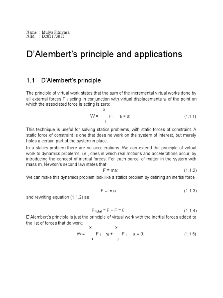 D'alembert Priciple | PDF | Force | Mass