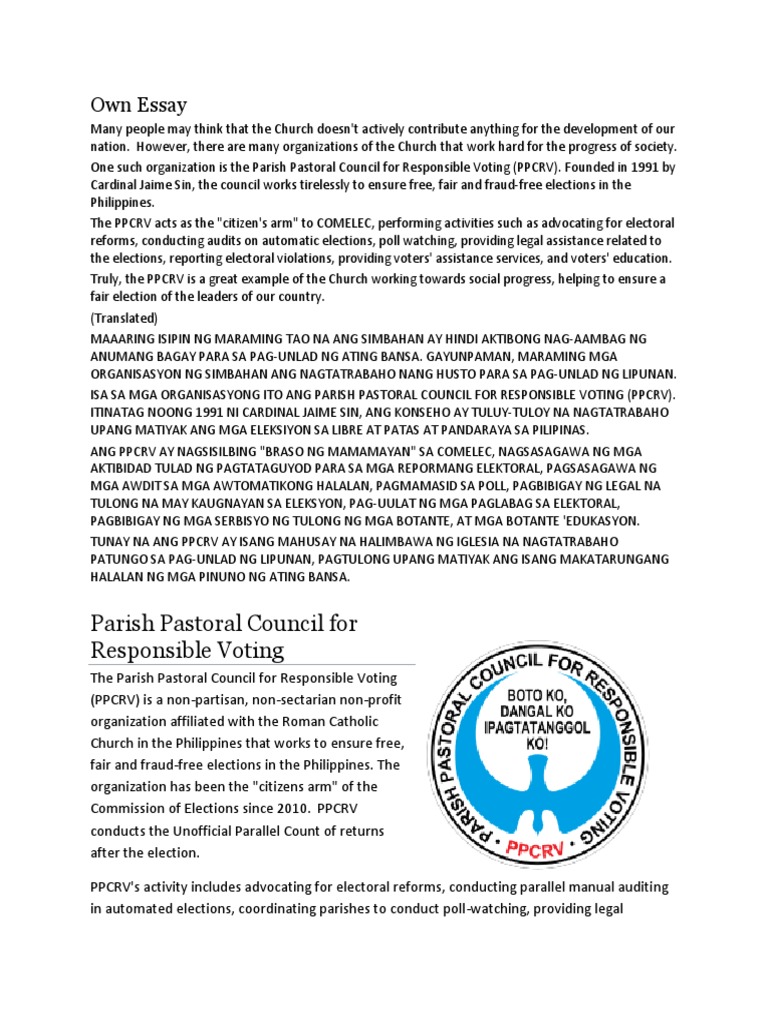 Own Essay: Parish Pastoral Council For Responsible Voting | PDF ...