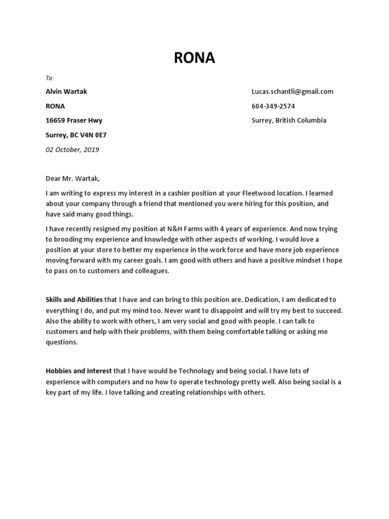 Rona Cover Letter | PDF