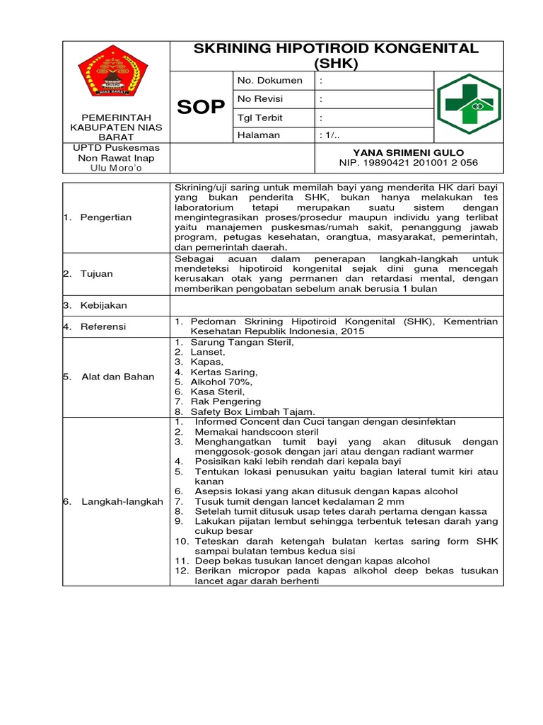 Sop Skrinning Hipotiroid Kongenital (SHK) | PDF