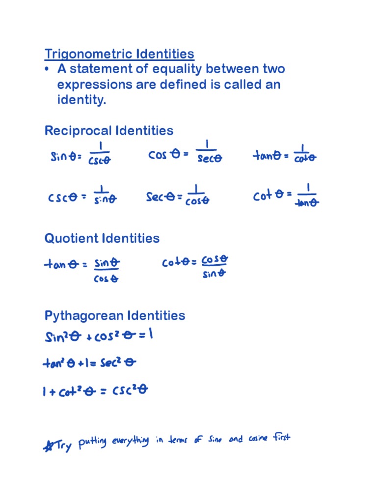 Precalculus Unit 4 Trig Identities Notes | PDF