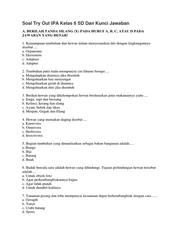 Soal Try Out IPA Kelas 6 SD Dan Kunci Jawaban | PDF
