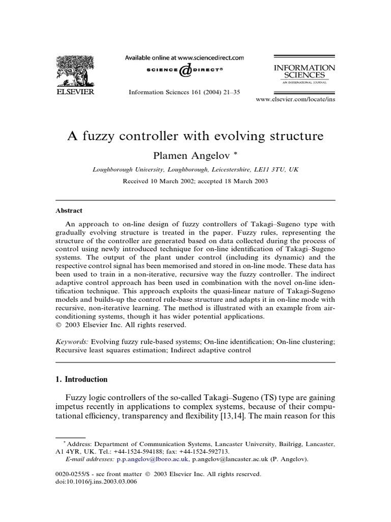 A Fuzzy Controller With Evolving Structure: Plamen Angelov | PDF | Control Theory | Fuzzy Logic