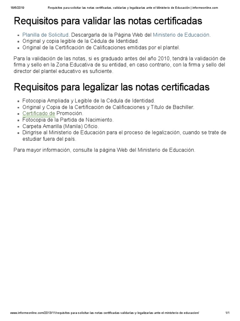 Requisitos para Solicitar Las Notas Certificadas, Validarlas y Legalizarlas Ante El Ministerio ...