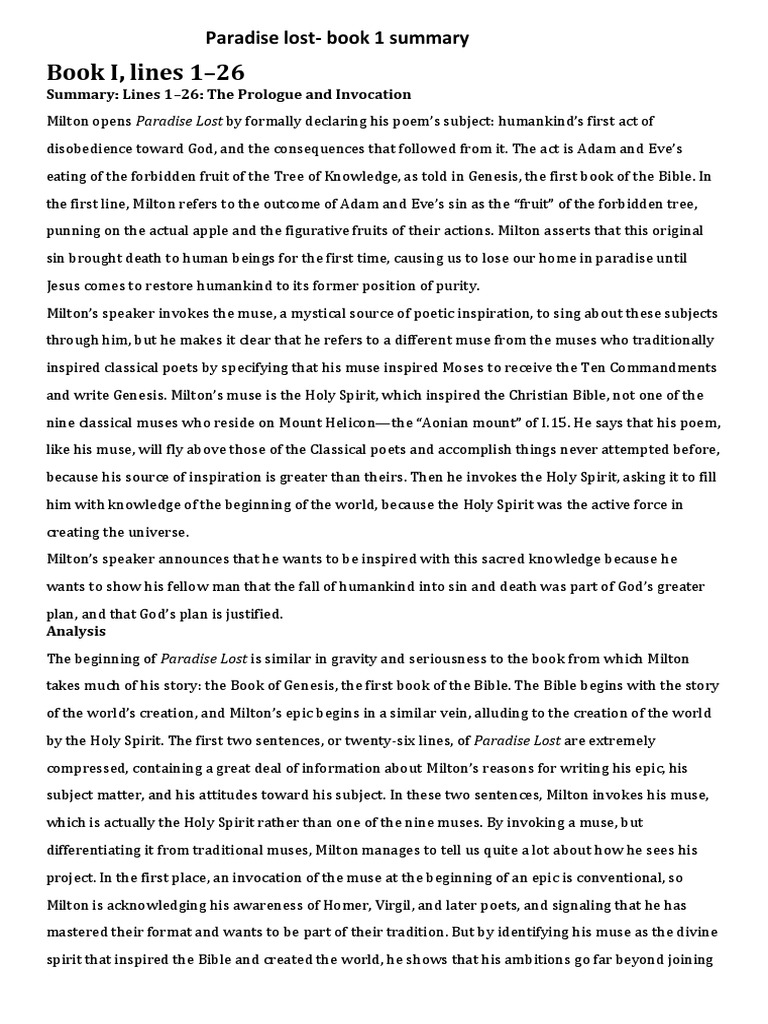 Book I, Lines 1-26: Paradise Lost-Book 1 Summary | PDF | Paradise Lost ...