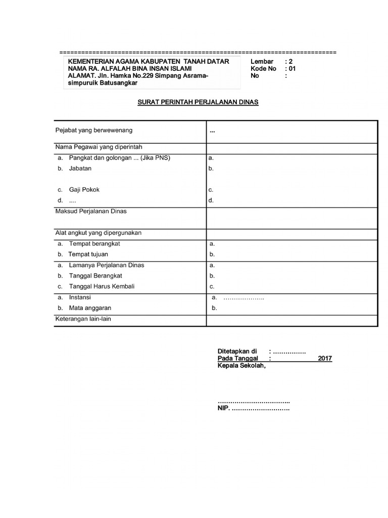Format SPPD Surat Perintah Perjalanan Dinas Sekolah | PDF