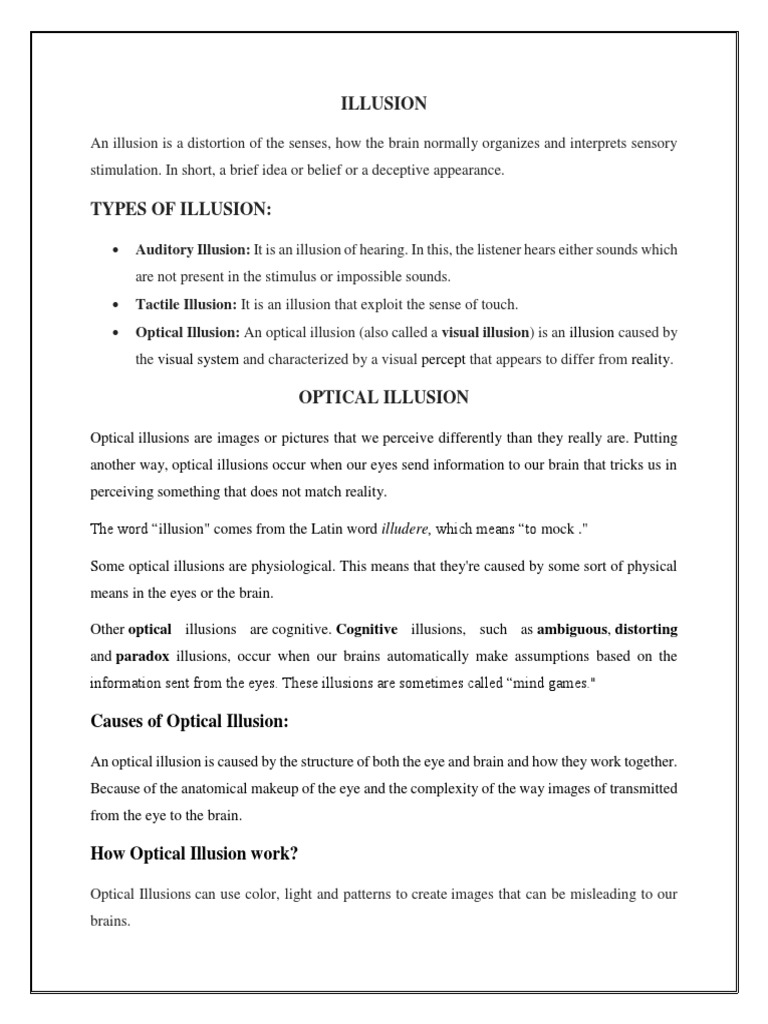Illusion: Causes of Optical Illusion | PDF | Illusion | Perception