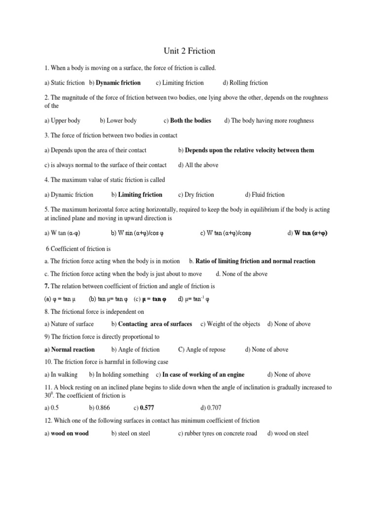 Mcq Pdf Friction Force