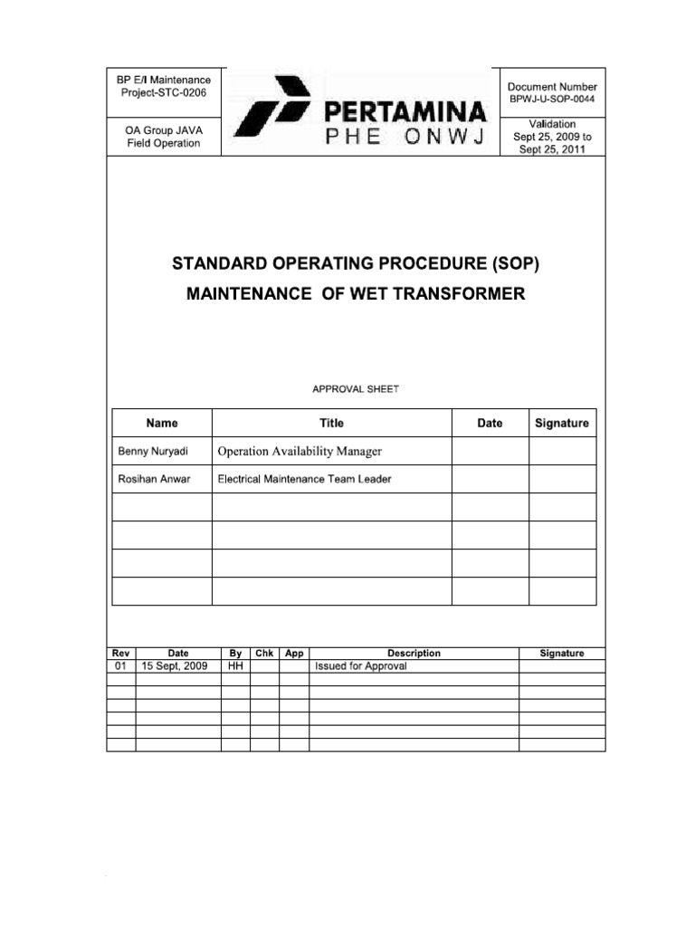 Standard Operating Procedure (Sop) Maintenance of Wet Transformer PDF | PDF