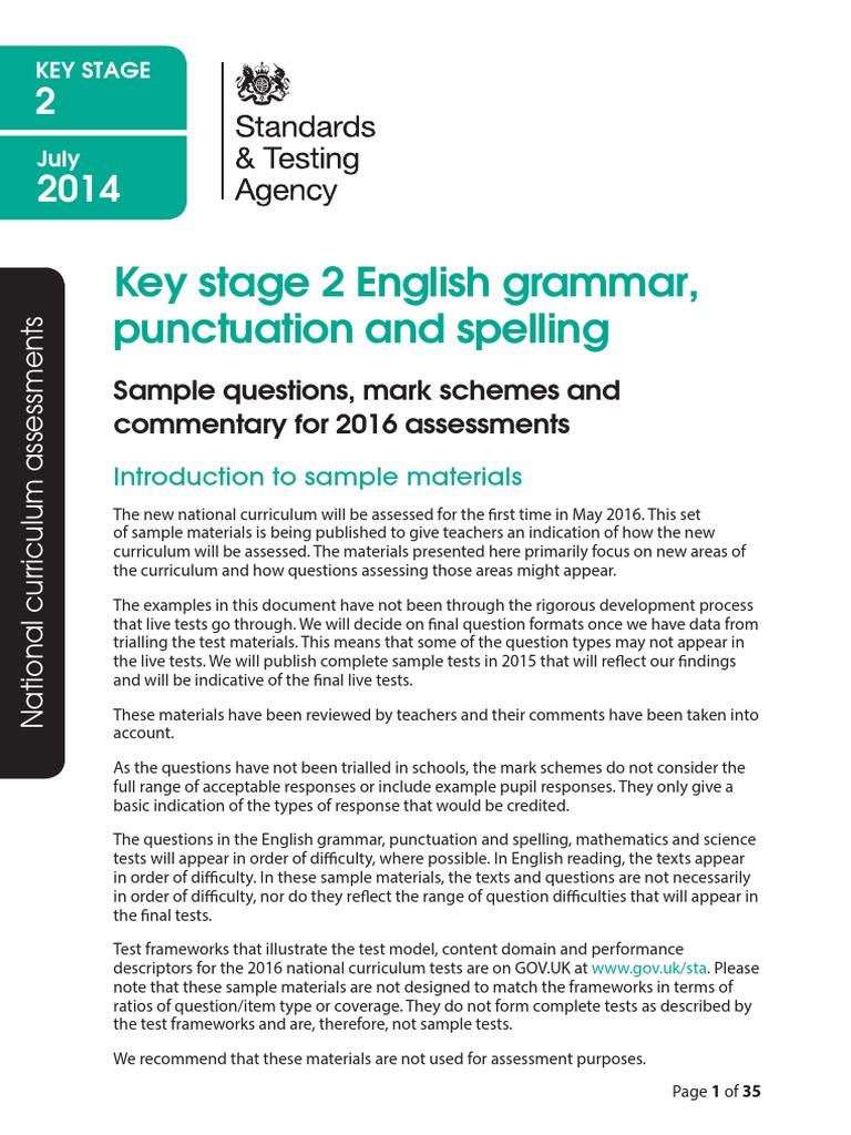 Key Stage 2 English Grammar, Punctuation and Spelling: Sample Questions ...