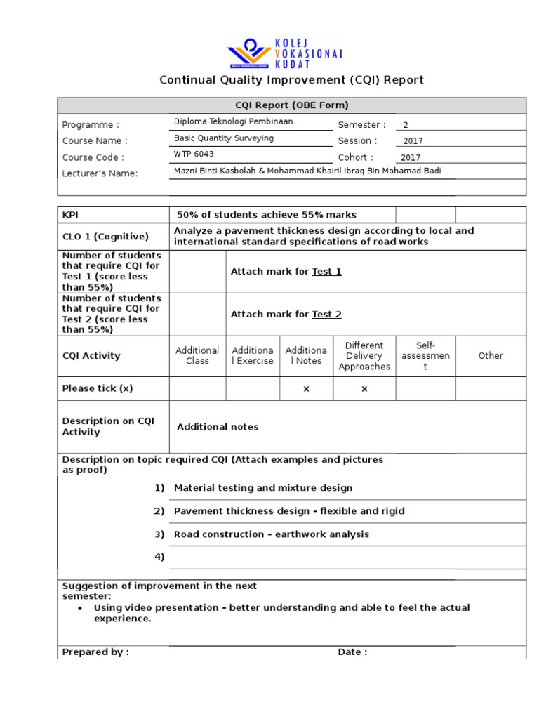 Continual Quality Improvement (CQI) Report | PDF