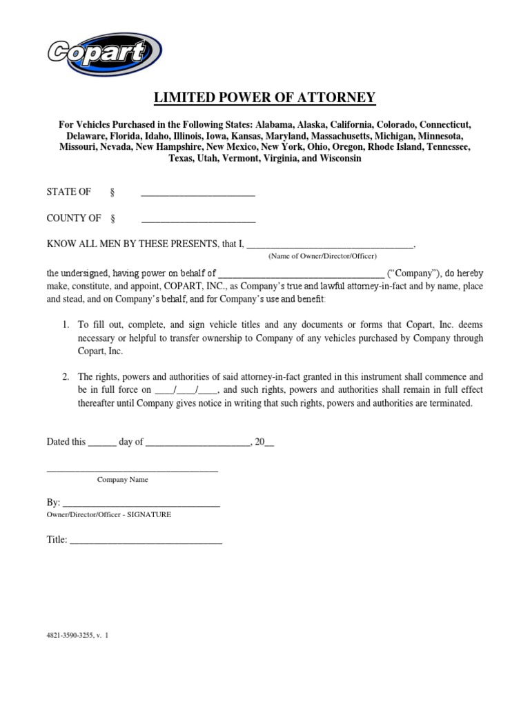 Copart Limited Power of Attorney Form | PDF