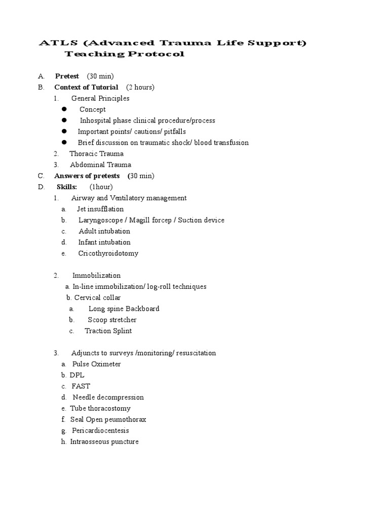ATLS (Advanced Trauma Life Support) Teaching Protocol Pretest (30 Min ...
