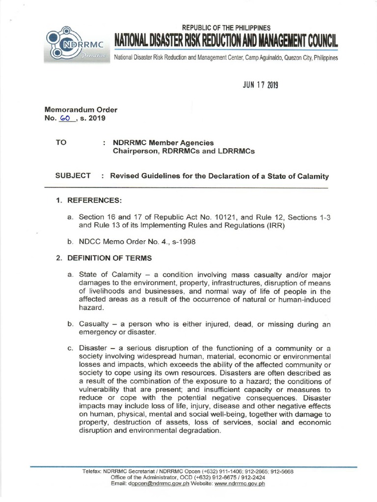 NDRRMC No 60 Guidelines Declaration of State of Calamity 17 June 2019 | PDF