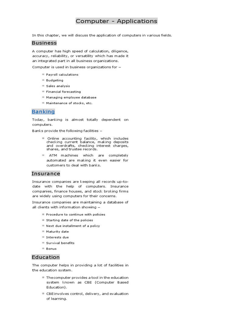 Applications of Computer Outline | Download Free PDF | Banks | Computer ...