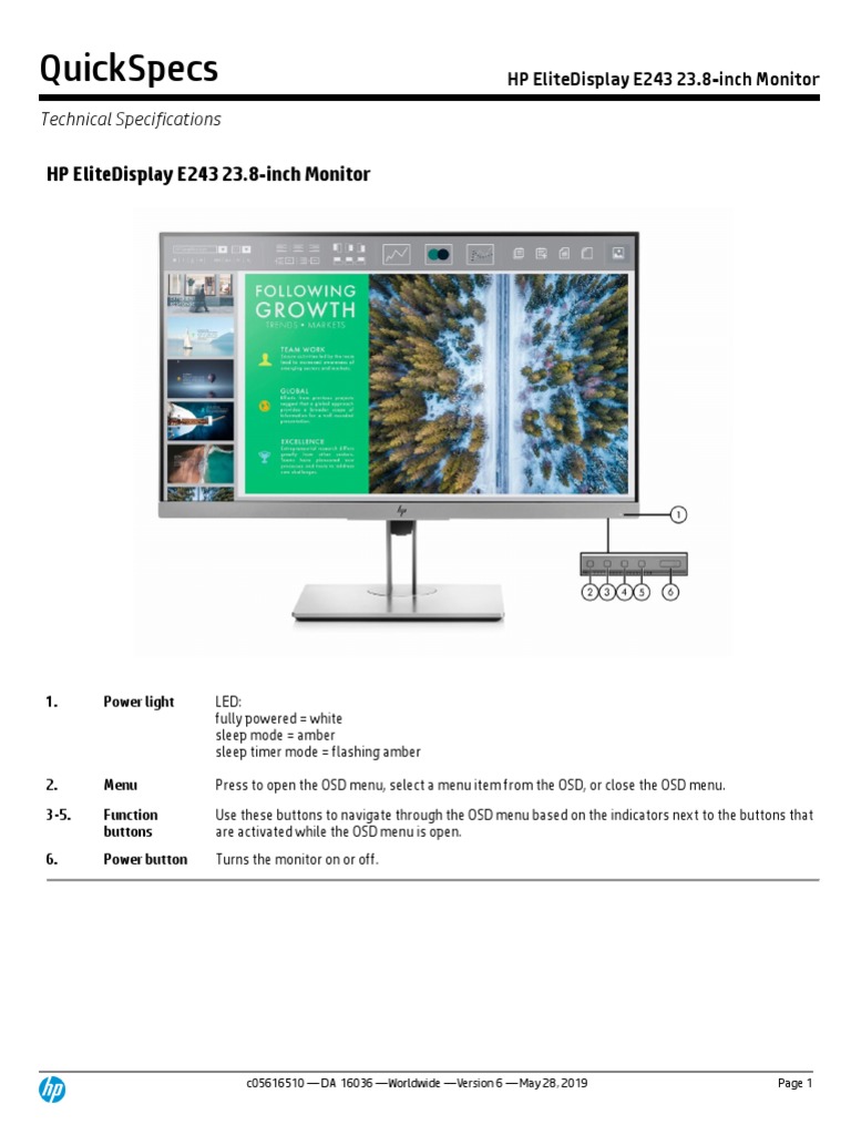 HP EliteDisplay E243 23.8-Inch Monitor | PDF | Computer Monitor | Hdmi