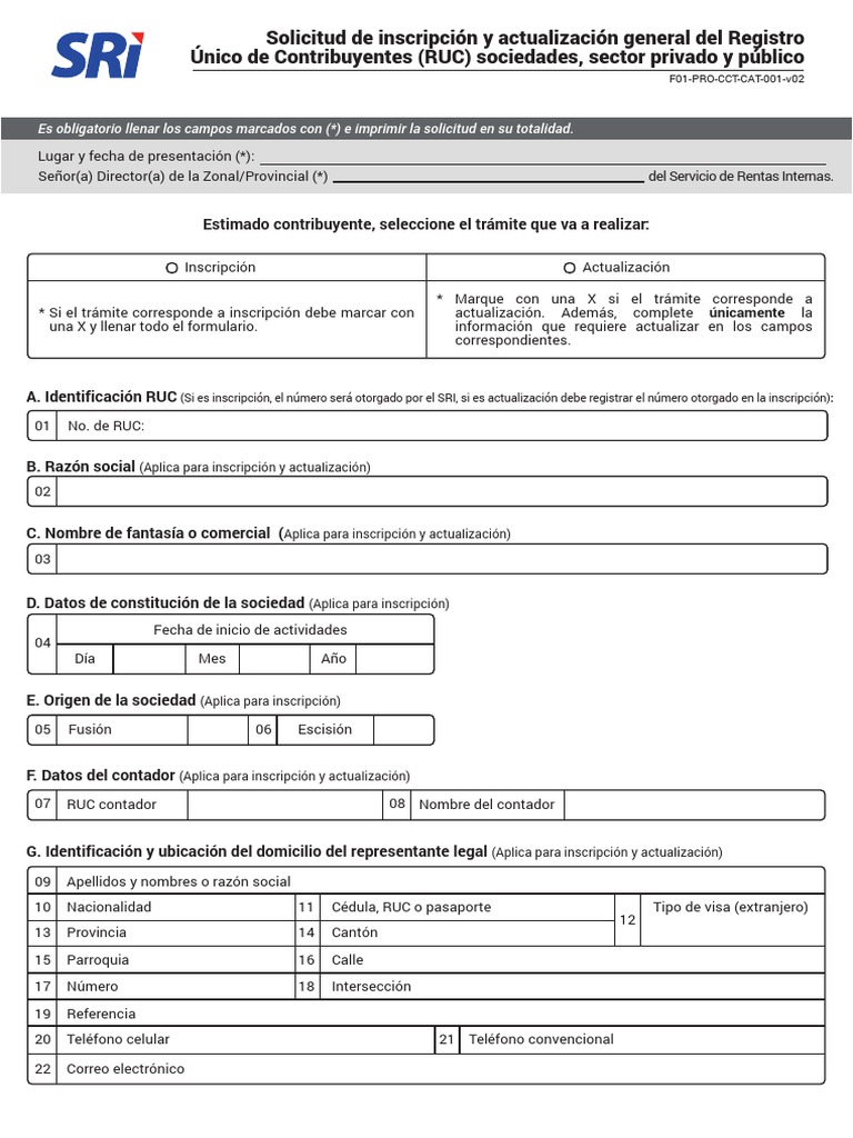 FORMULARIO INSCRIPCIÓN Y ACTUALIZACIÓN DE LA INFORMACIÓN DEL RUC Y RUC ...