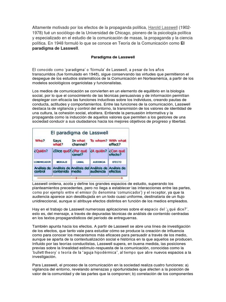 Paradigma de Comunicación de Lasswell | PDF | Comunicación | Sicología