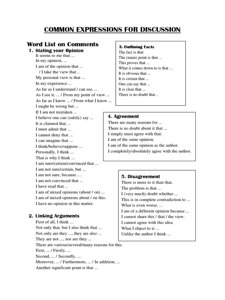 Common Expressions For Discussion: Word List On Comments | PDF ...