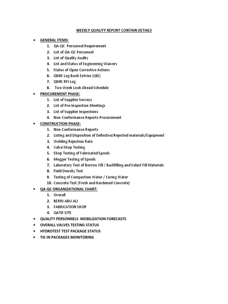 Weekly Quality Report Overview | PDF