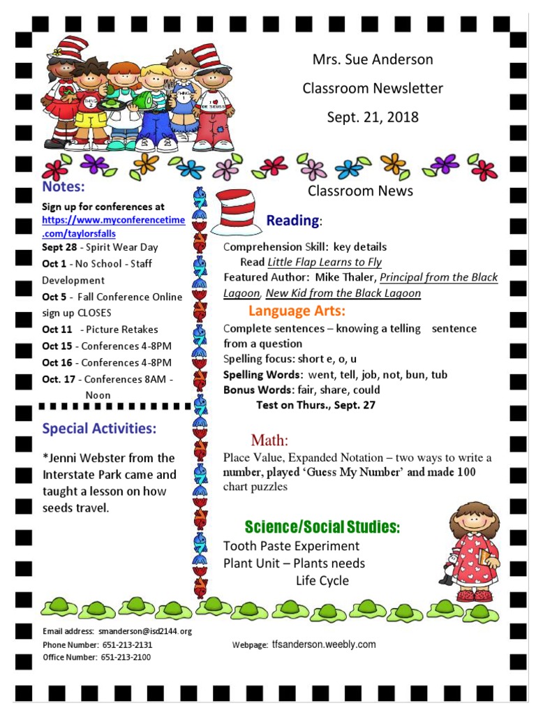 Notes:: Mrs. Sue Anderson Classroom Newsletter Sept. 21, 2018 | PDF