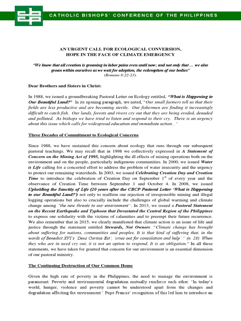 CBCP Pastoral Letter On Ecology July 2019 1 PDF | PDF | Global Warming ...