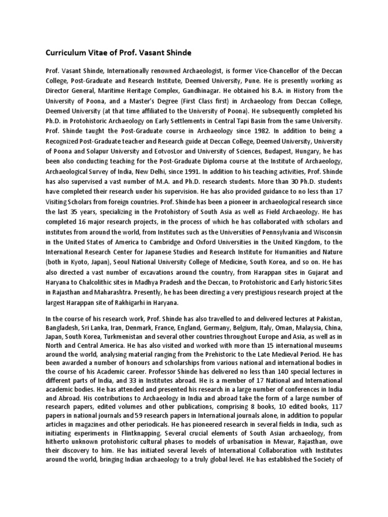Curriculum Vitae of Internationally Renowned Archaeologist Prof. Vasant ...