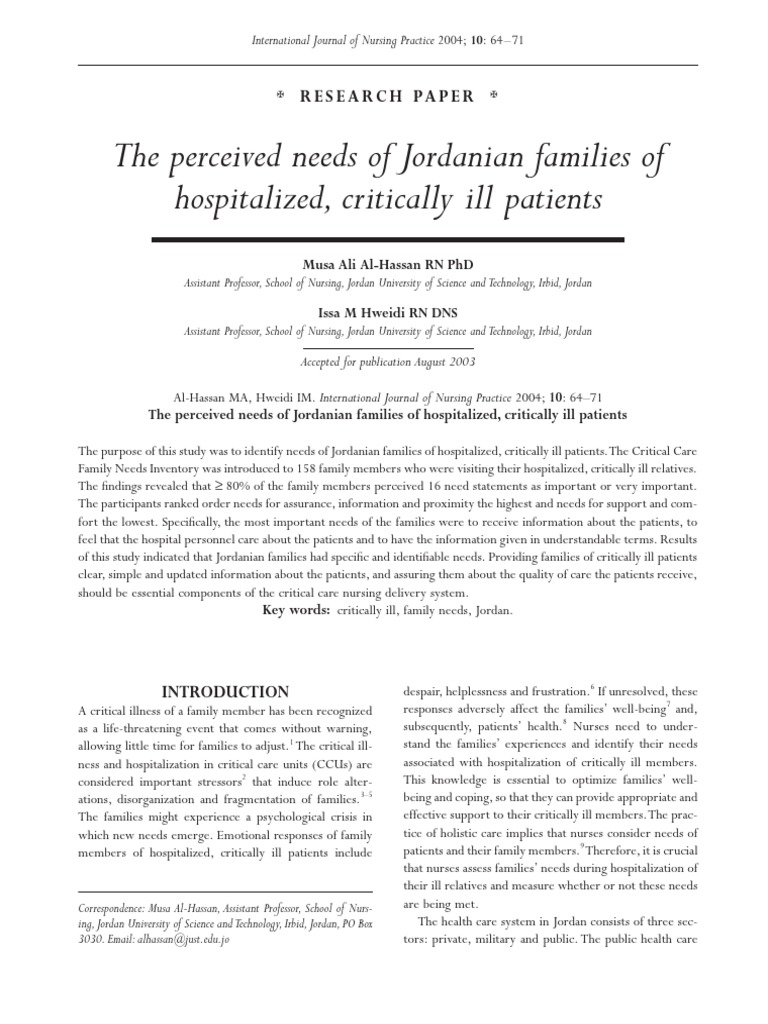 The Perceived Needs of Jordanian Families of Hospitalized, Critically Ill Patients | PDF ...