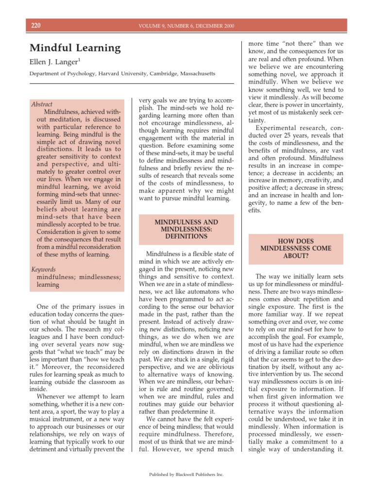 Langer, Ellen, Mindful Learning | PDF | Mindfulness | Attention