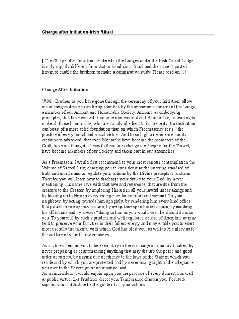 Charge After Initiation Irish Ritual | PDF | Freemasonry | Virtue