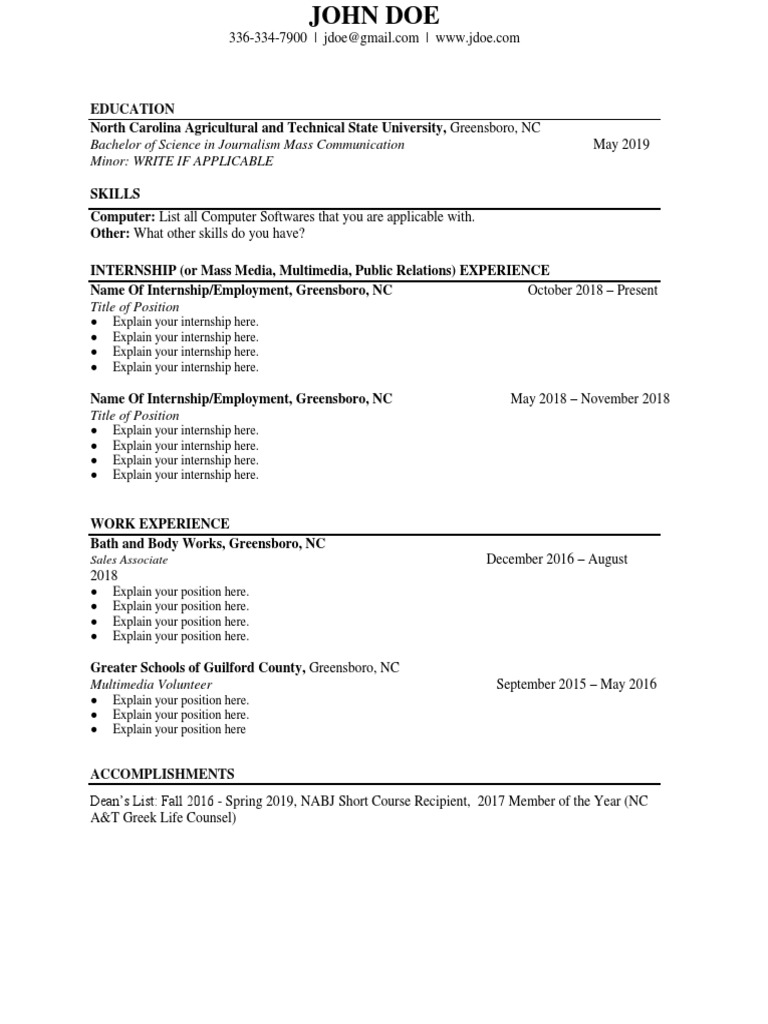 Bachelor of Science in Journalism Mass Communication May 2019 Minor ...
