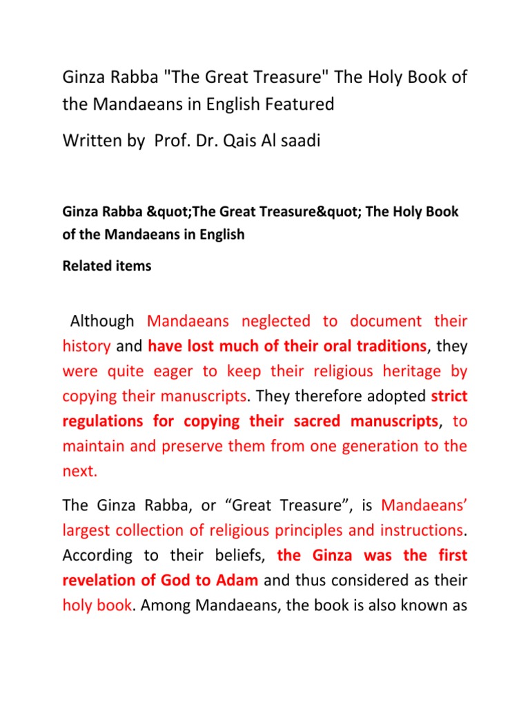 Ginza Rabba The Great Treasure The Holy Book of The Mandaeans in ...