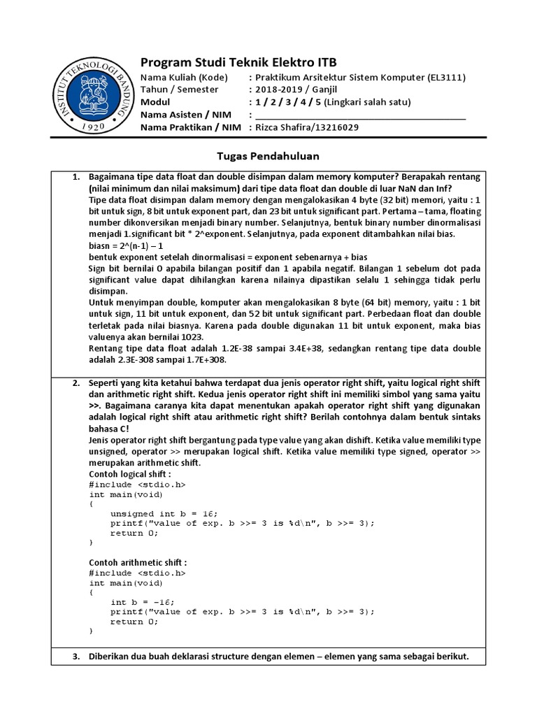 Tugas Pendahuluan Modul 2 Praktikum Arsitektur Komputer EL3111 | PDF