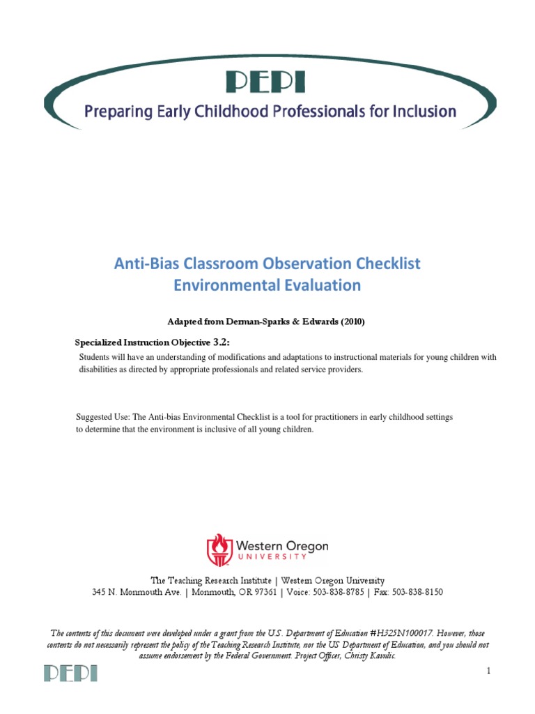 Anti-Bias Classroom Observation Checklist Environmental Evaluation ...