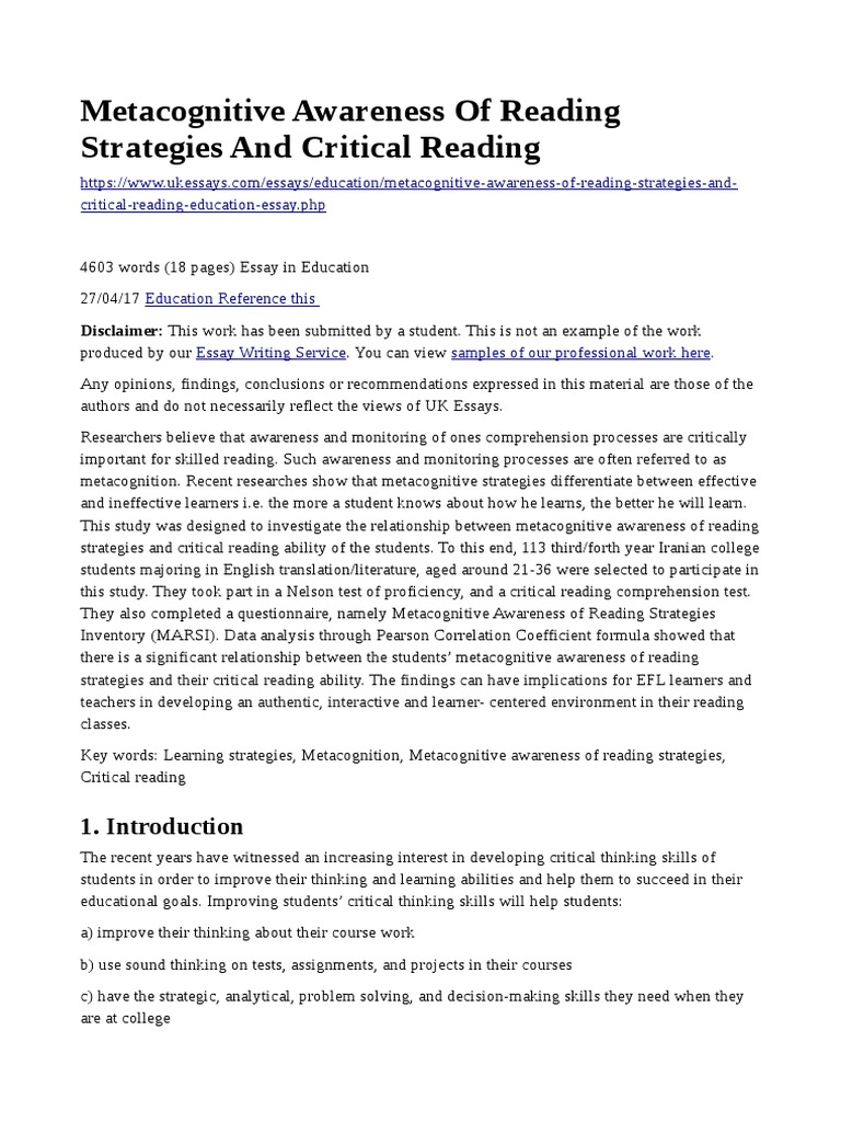 Metacognitive Awareness of Reading Strategies and Critical Reading ...