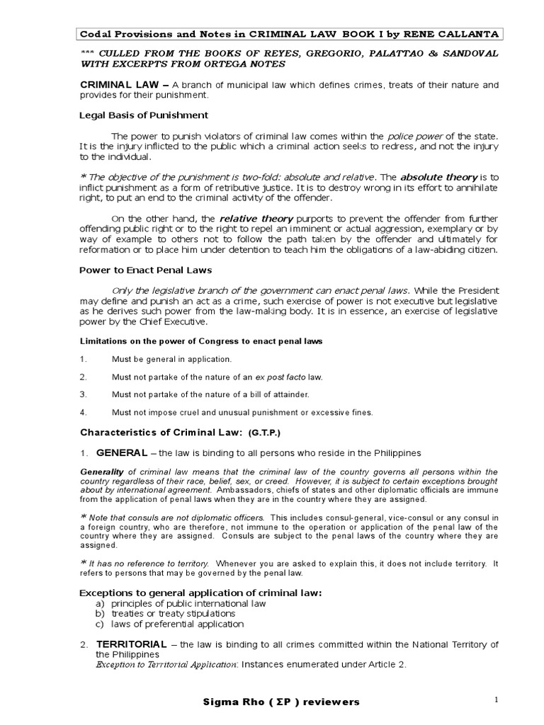 Codal Provisions and Notes in CRIMINAL LAW BOOK I by RENE CALLANTA ...
