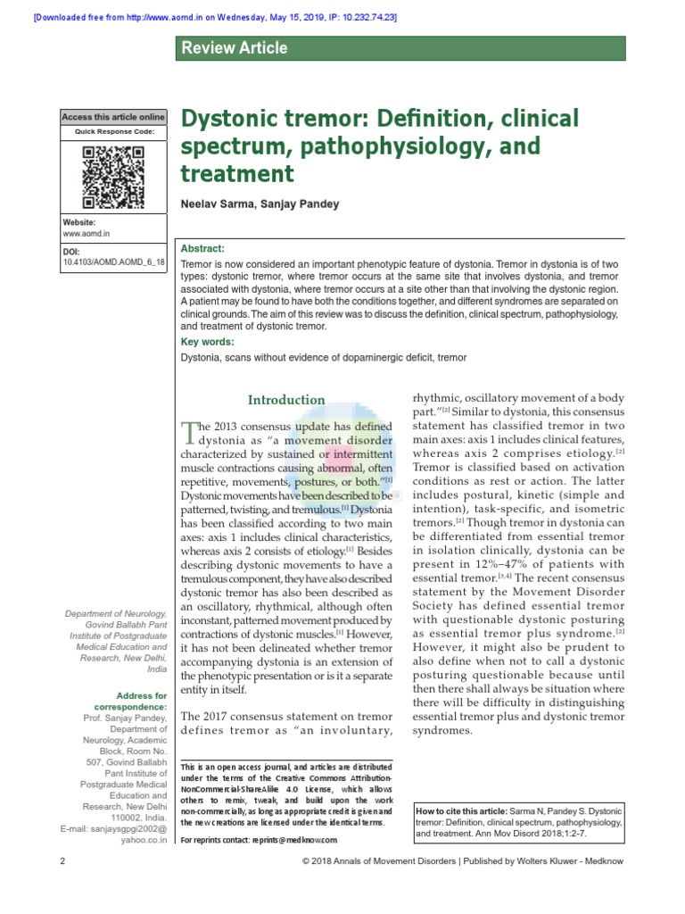 Dystonic Tremor: Definition, Clinical Spectrum, Pathophysiology, and ...