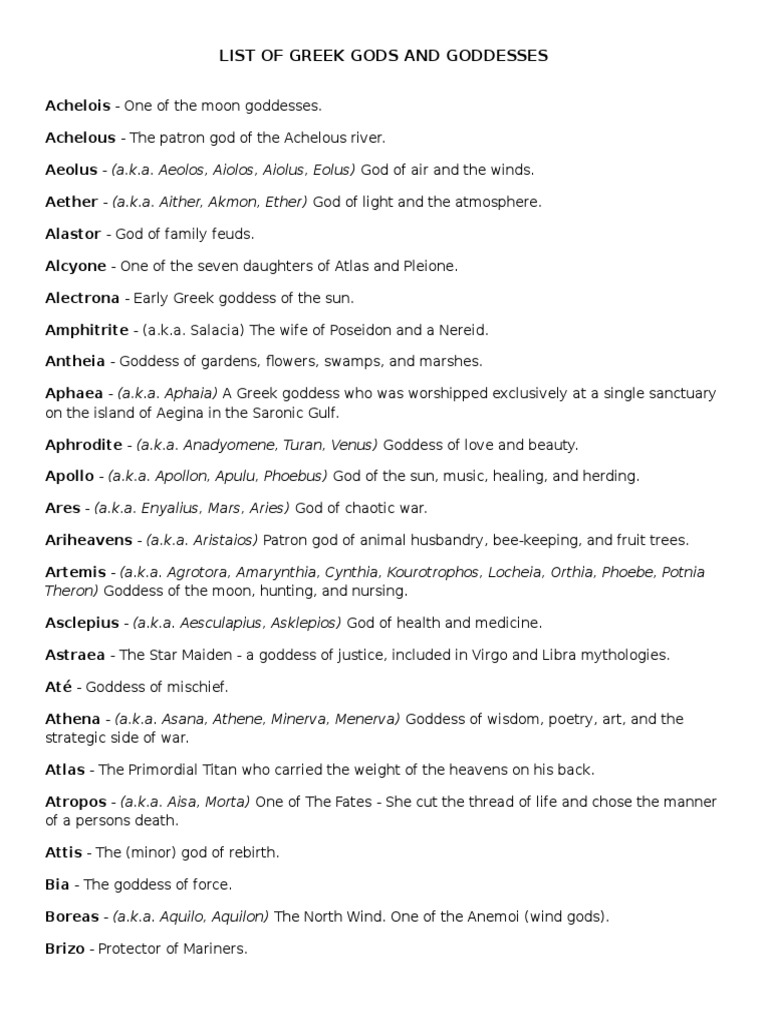 A Comprehensive List of Major and Minor Greek Gods and Goddesses | PDF ...