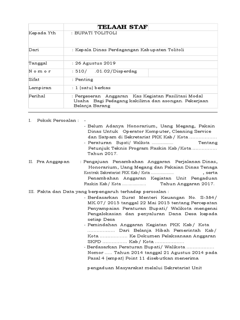 Telaahan Staf Penambahan Anggaran | PDF
