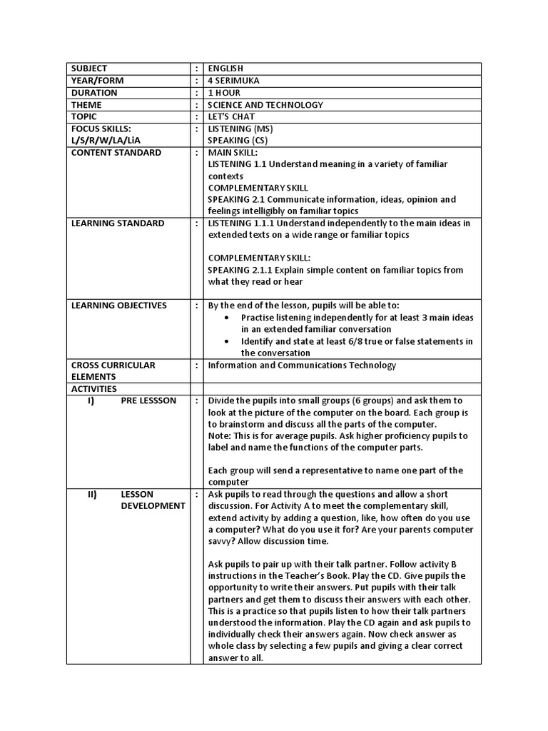 Sample of Lesson Plan For Microteaching (Listening) | PDF ...
