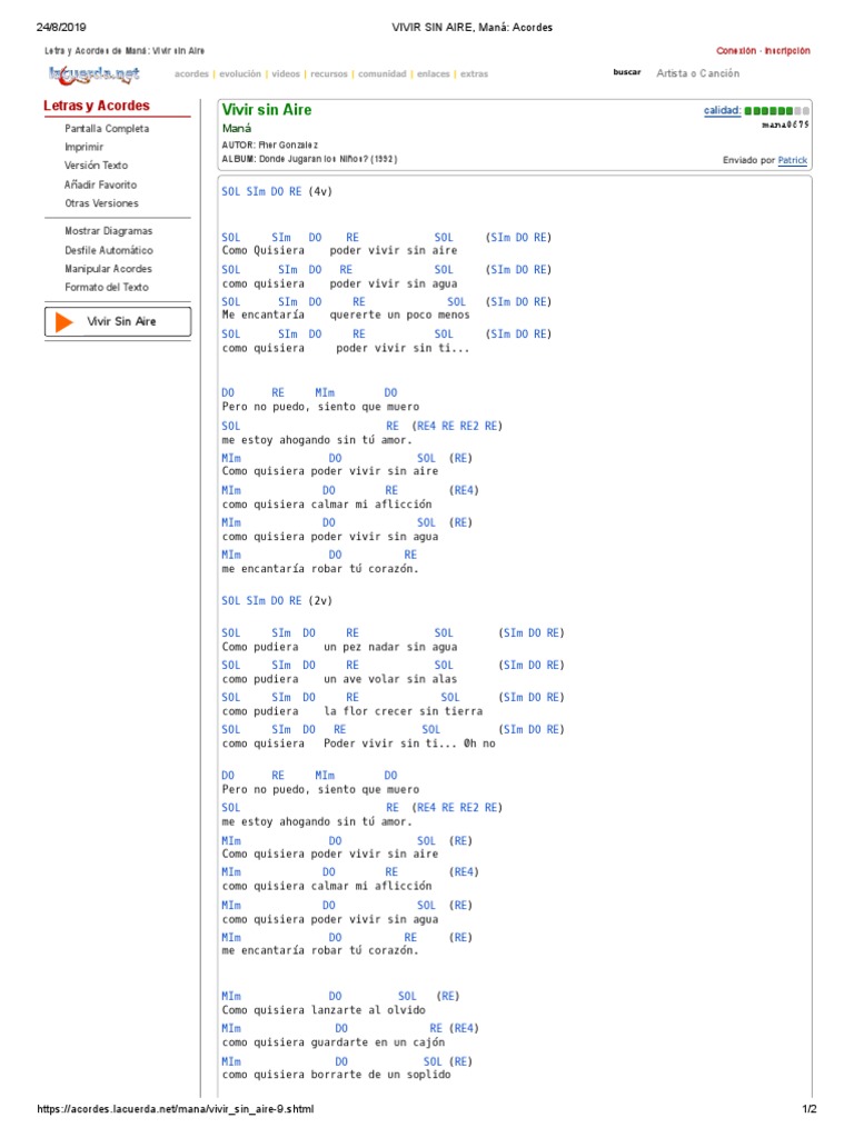 VIVIR SIN AIRE, Maná_ Acordes.pdf | PDF | Entretenimiento (general ...