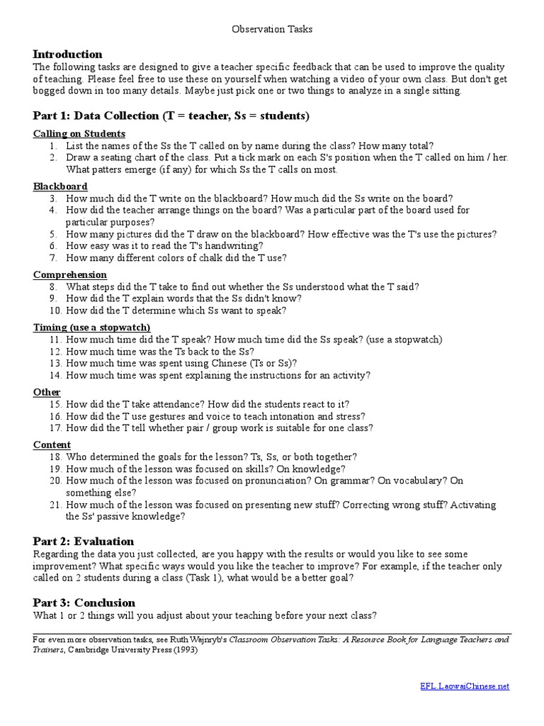 Observation Tasks | PDF | Reading Comprehension | Teachers