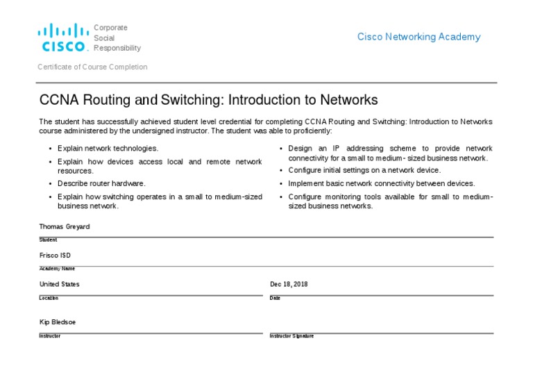 CCNA Course Completion Certificate | PDF | Computers