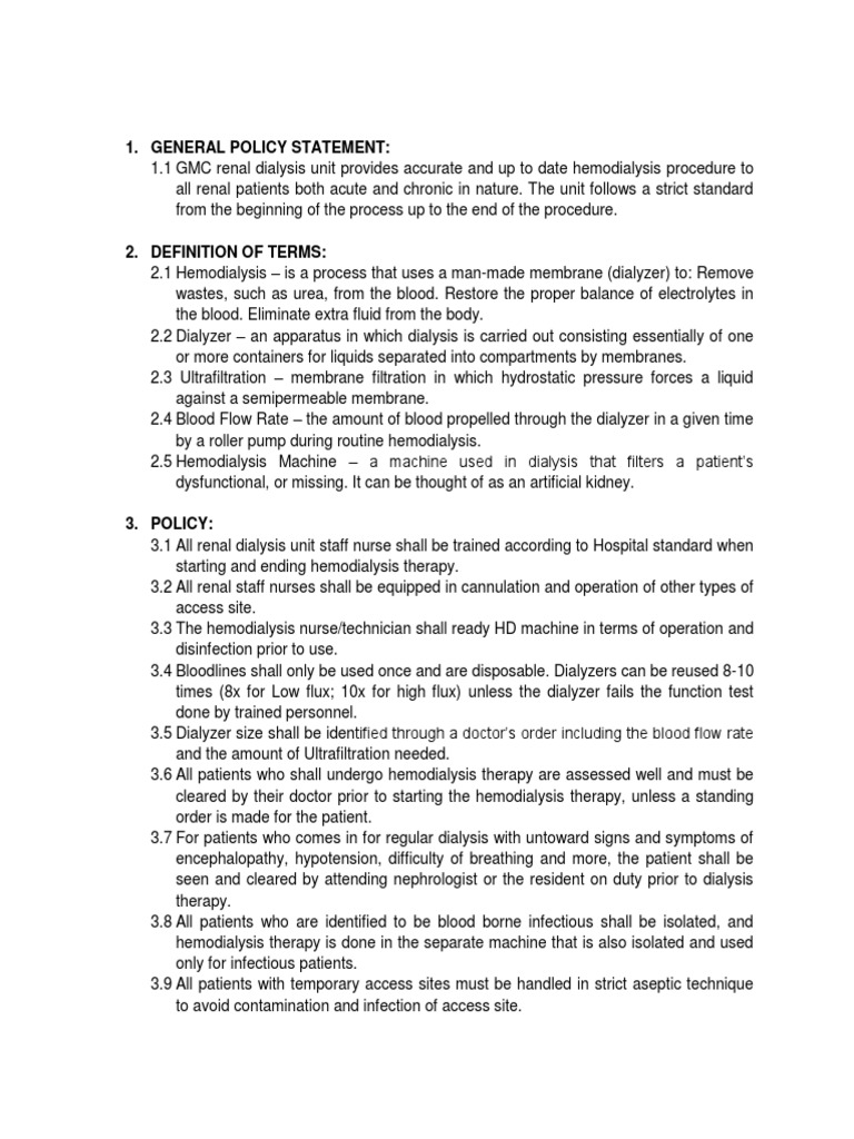 General Policy Statement | PDF | Hemodialysis | Dialysis