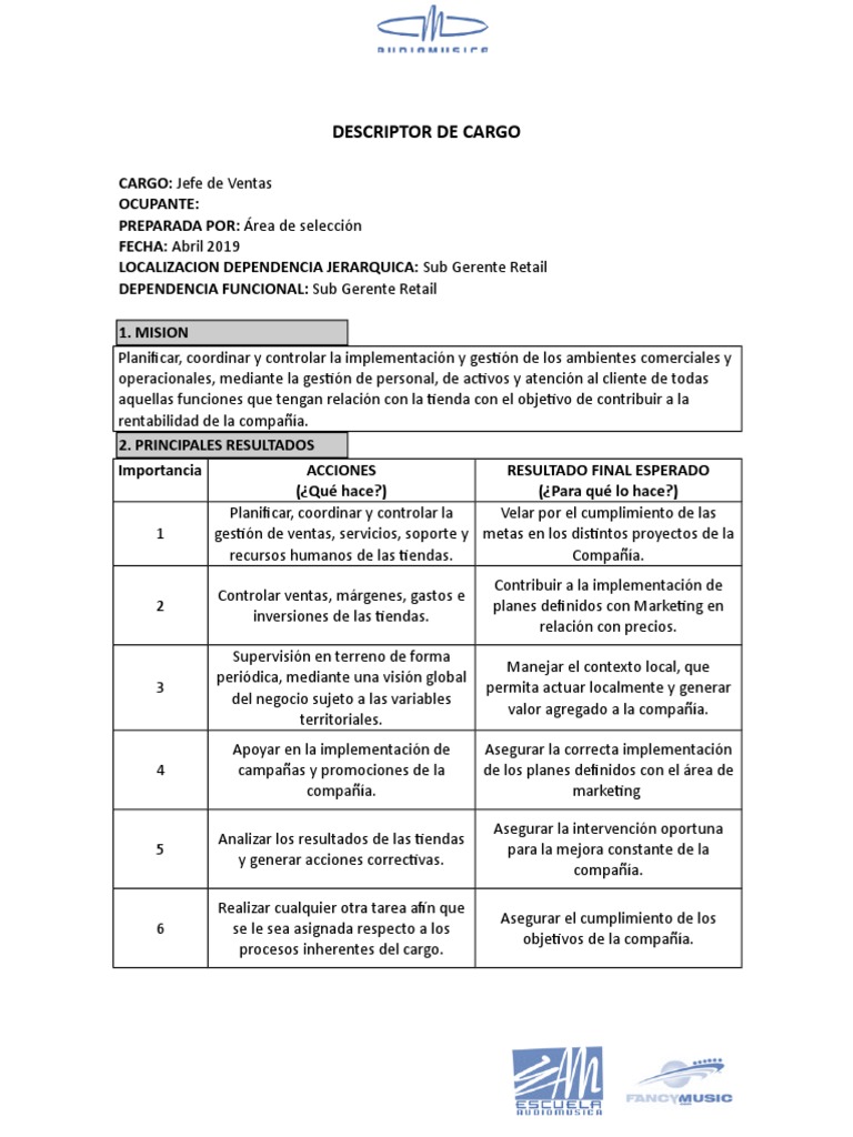 2 Descriptor de Cargo de Jefe de Ventas | PDF | Gestión de recursos humanos | Marketing