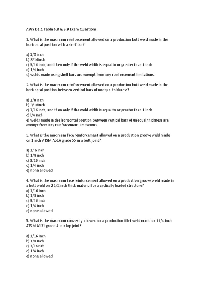 AWS D1.1 Table 5.8 & 5.9 Exam Questions | PDF